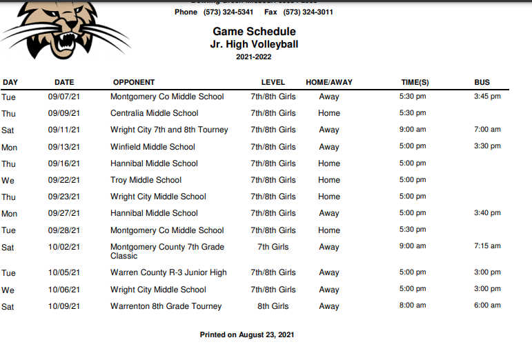 Updated Volleyball Schedule Bowling Green Middle School